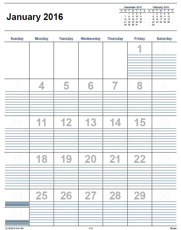 2016 Monthly Calendar Printable